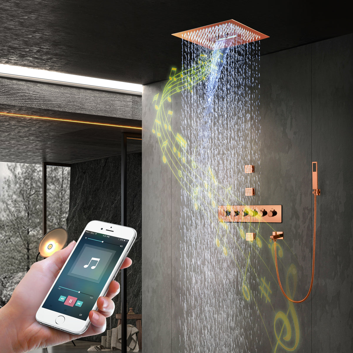 GENOA|16" COMPLETE LED MUSIC SHOWER SYSTEM WITH BODY JETS RAINFALL WAT ...