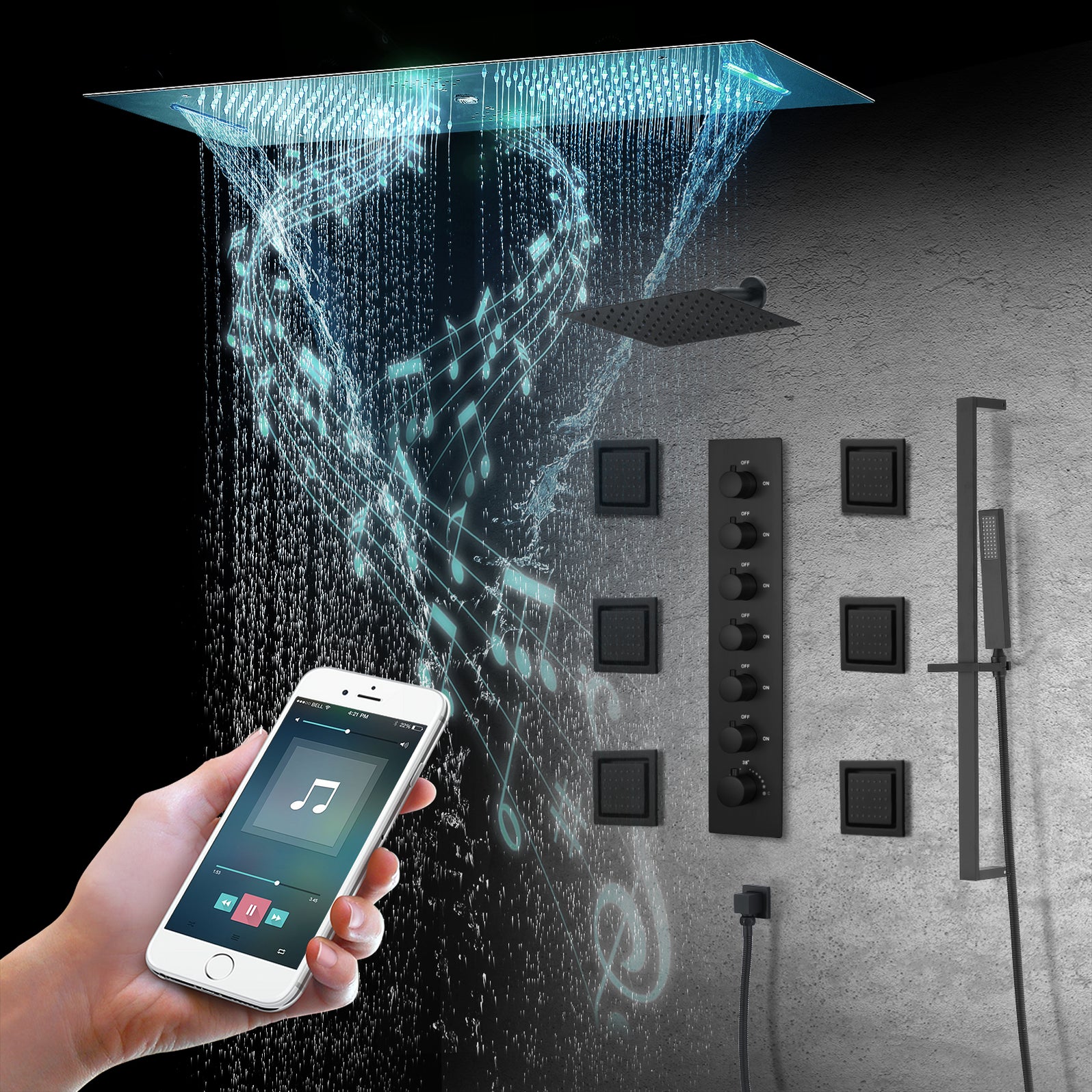SYDNEY|36"INCH COMPLETE LED MUSIC SHOWER SYSTEM RAINFALL WATERFALL & W ...