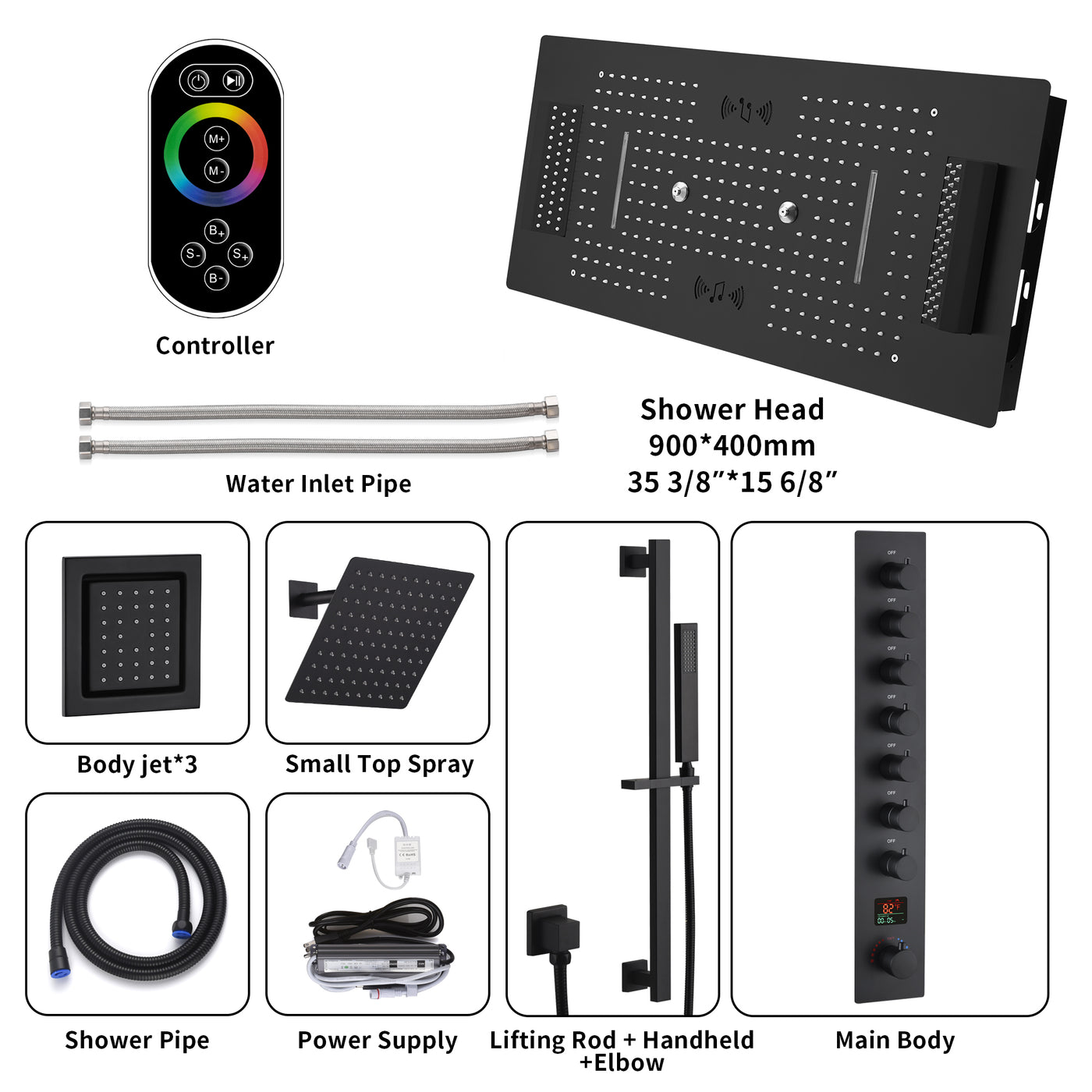 IVEY|36"INCH COMPLETE LED MUSIC SHOWER SYSTEM RAINFALL WATERFALL & WALL ...