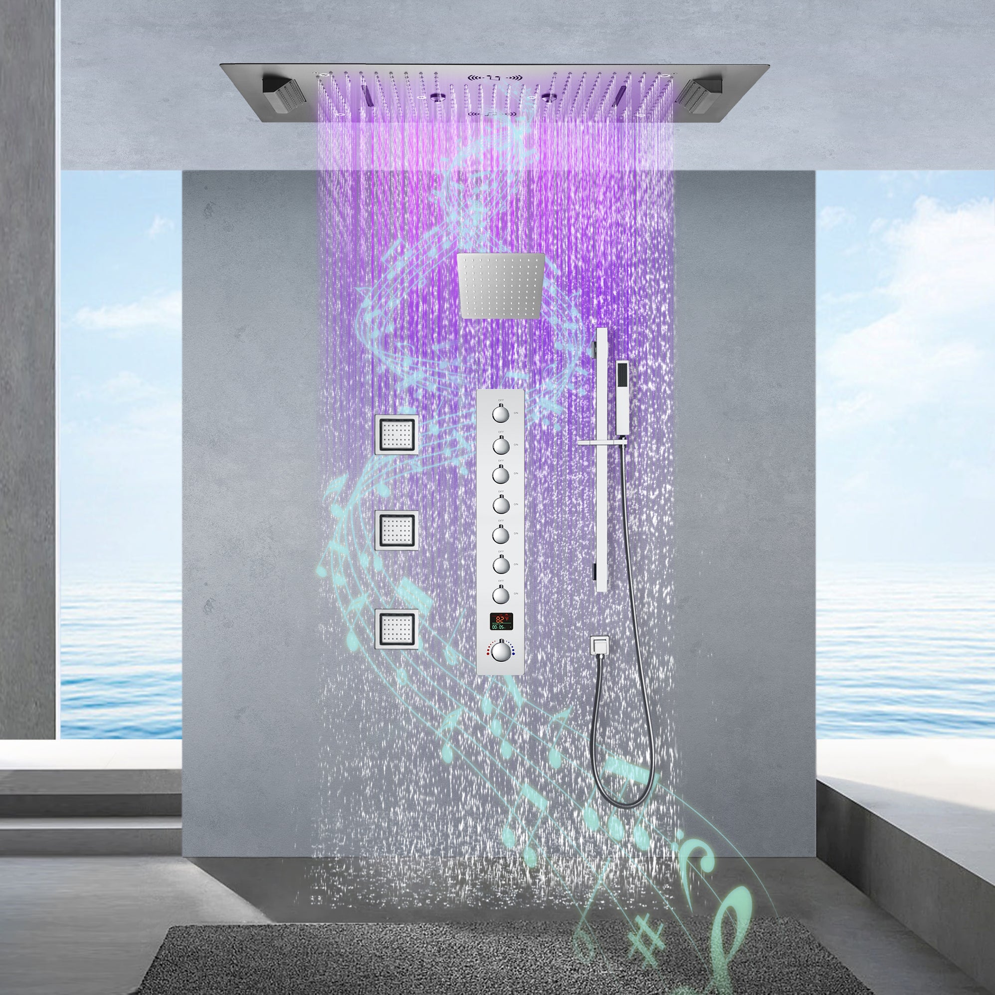 IVEY|36"INCH COMPLETE LED MUSIC SHOWER SYSTEM RAINFALL WATERFALL & WALL ...
