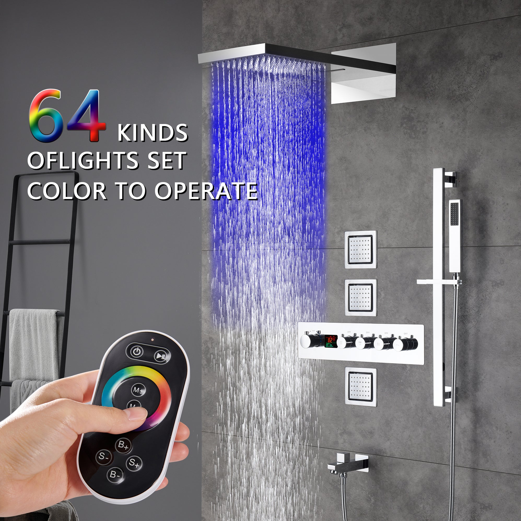 ARIAL| RAINFALL WATERFALL WALL MOUNTED THEROMSTATIC LED MUSIC SHOWER SYSTEM