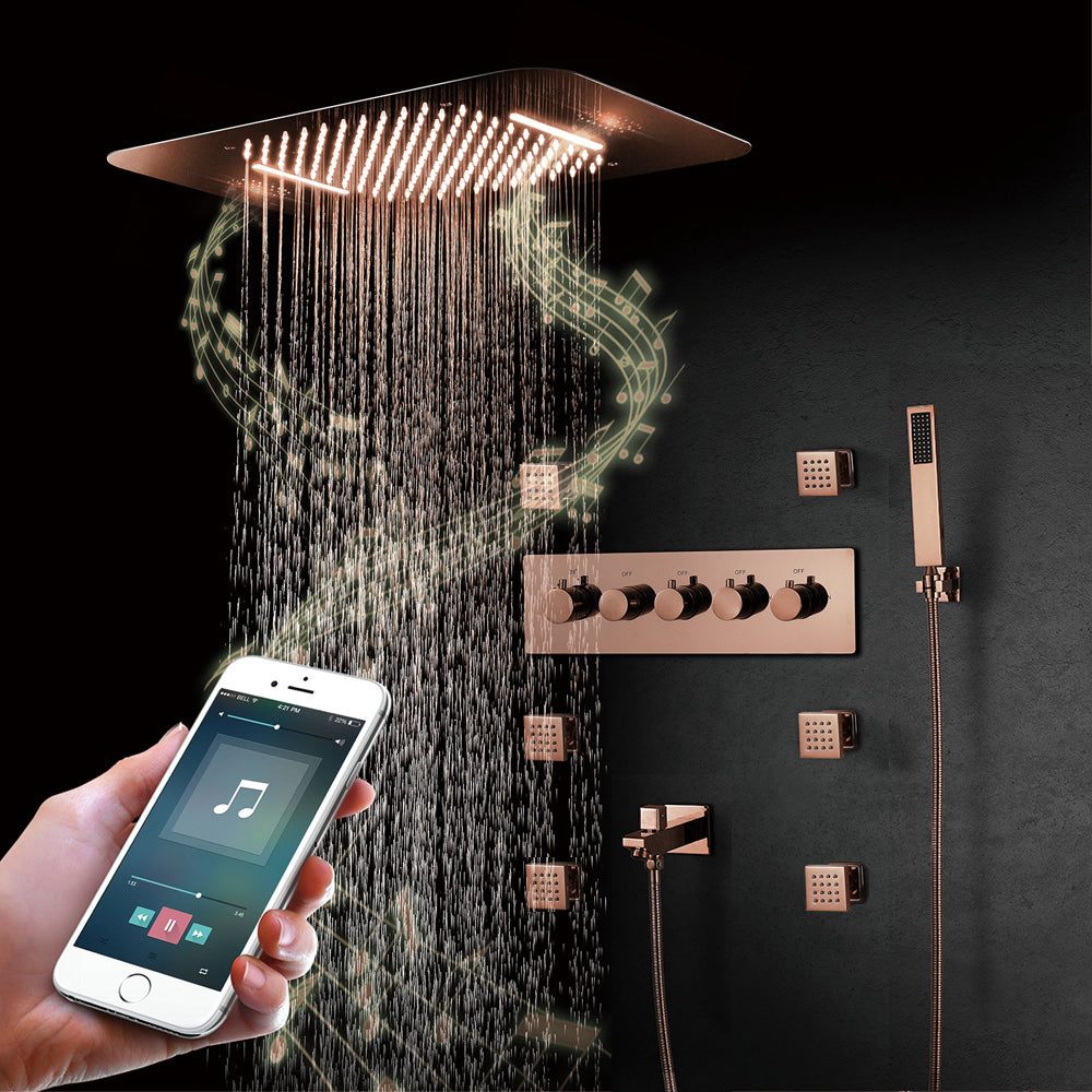 23"x15" Rose Gold Luxury Ceiling Shower System, LED Light 2 Bluetooth ...