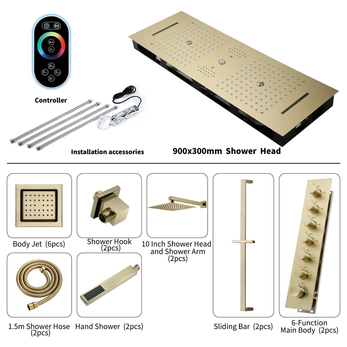 Multnomah| 36" In Dual Showerhead Complete Led Music Shower Set 6 Body ...